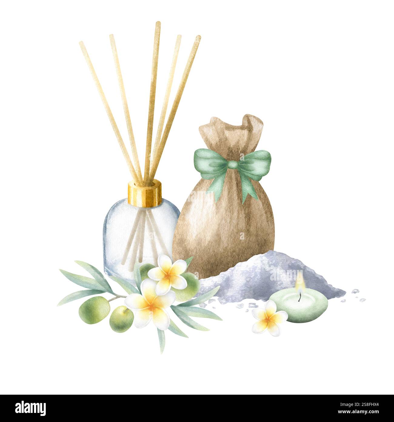 Aroma diffuser, sea salt sack, candle, olive branch and plumeria ...