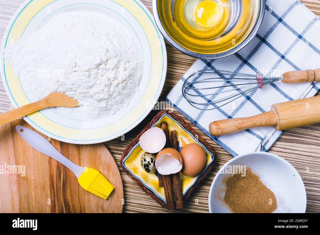 Wooden background with baking ingredients. Top view Stock Photo - Alamy