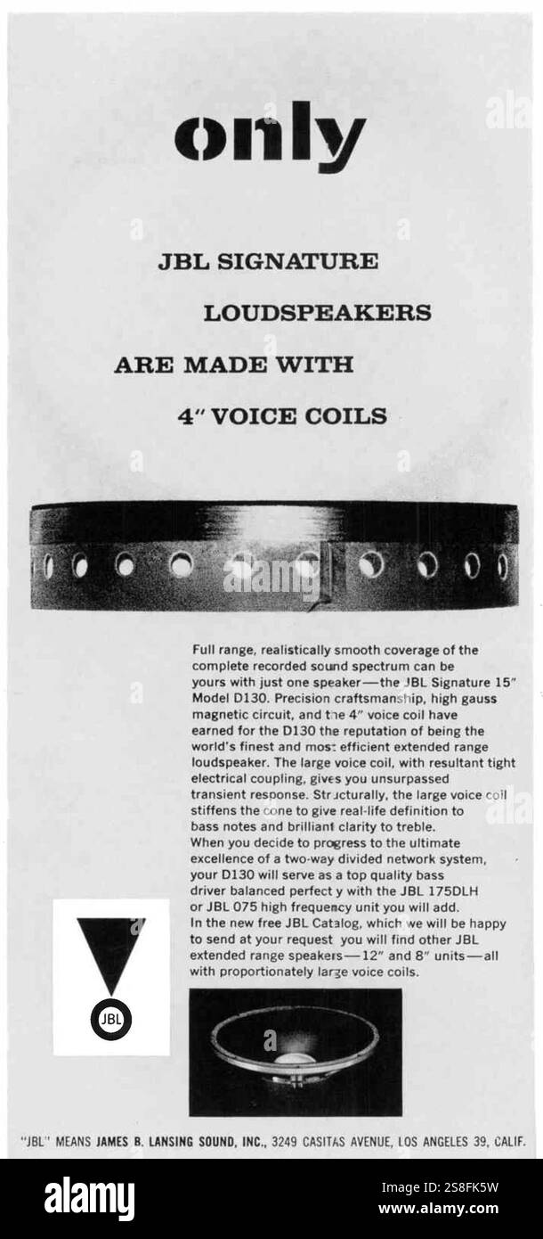 1958 JBL loudspeakers made with 4'' voice coils ad Stock Photo - Alamy