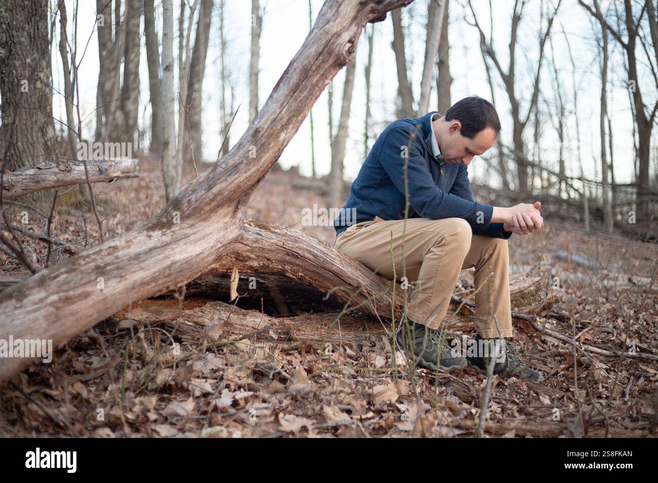 Man on log in woods praying with clasped hands Stock Photo - Alamy
