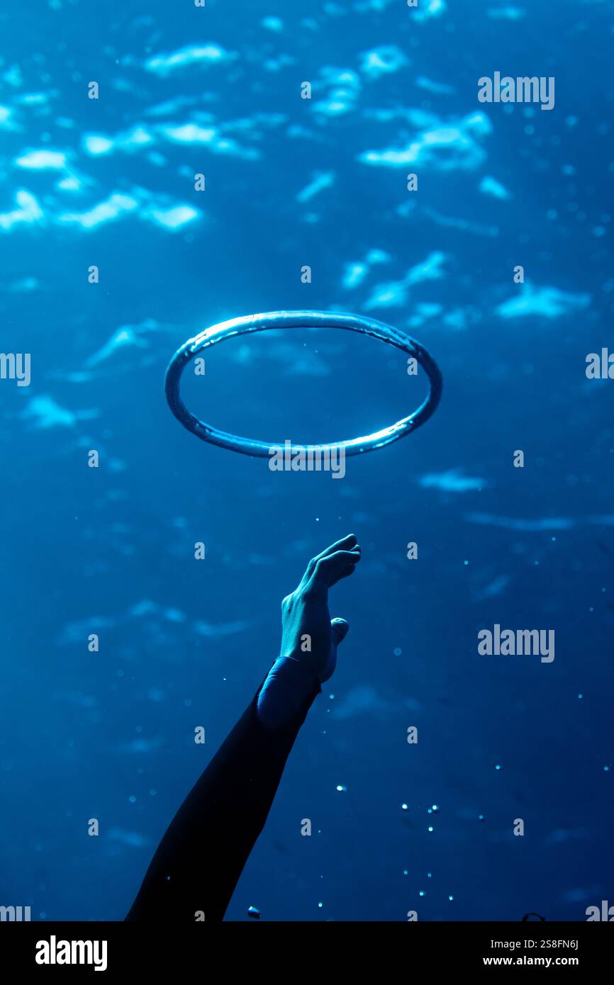 A close-up underwater shot capturing a diver's hand reaching towards a ...