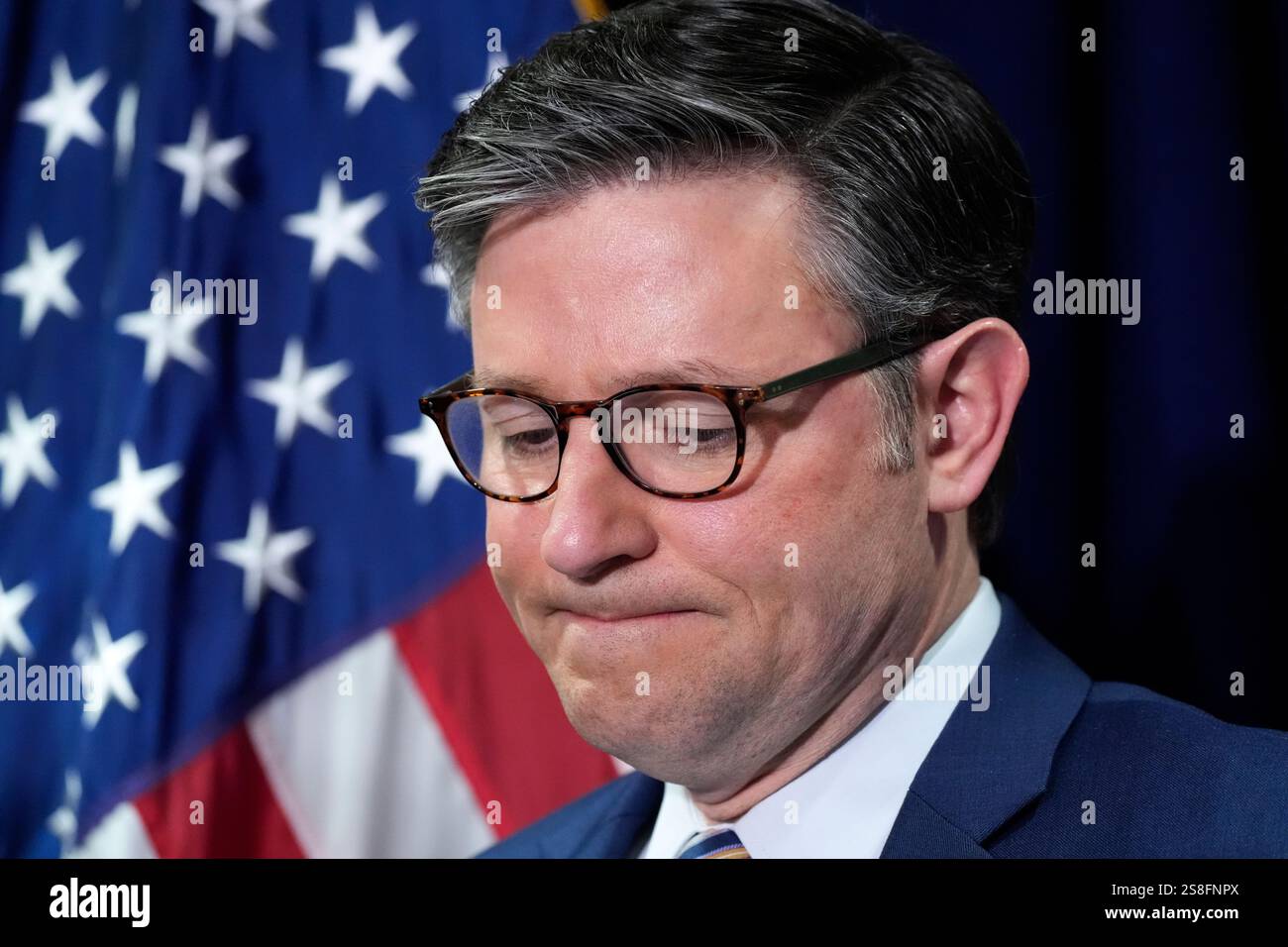 House Speaker Mike Johnson, R-La., pauses during a news conference at ...