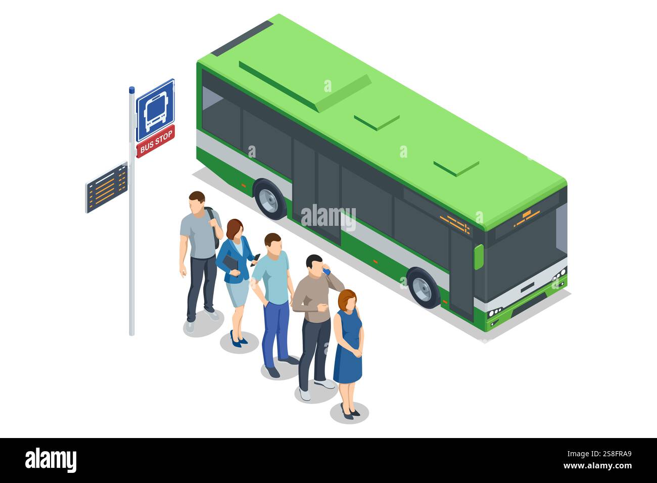 Green city bus at a bus stop with passengers forming an orderly queue ...