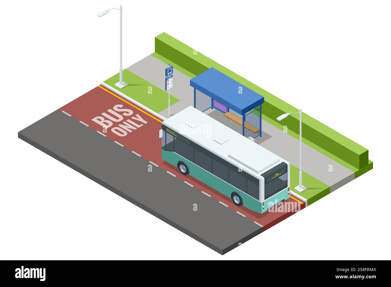 Isometric vector design of a public bus stop with a bench, map, sign ...