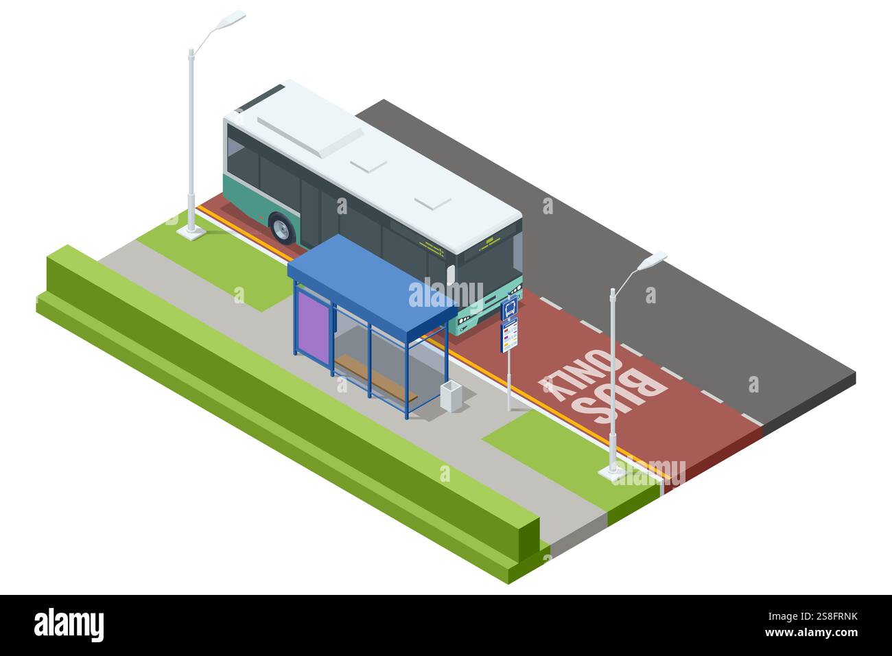 Isometric vector design of a public bus stop with a bench, map, sign ...