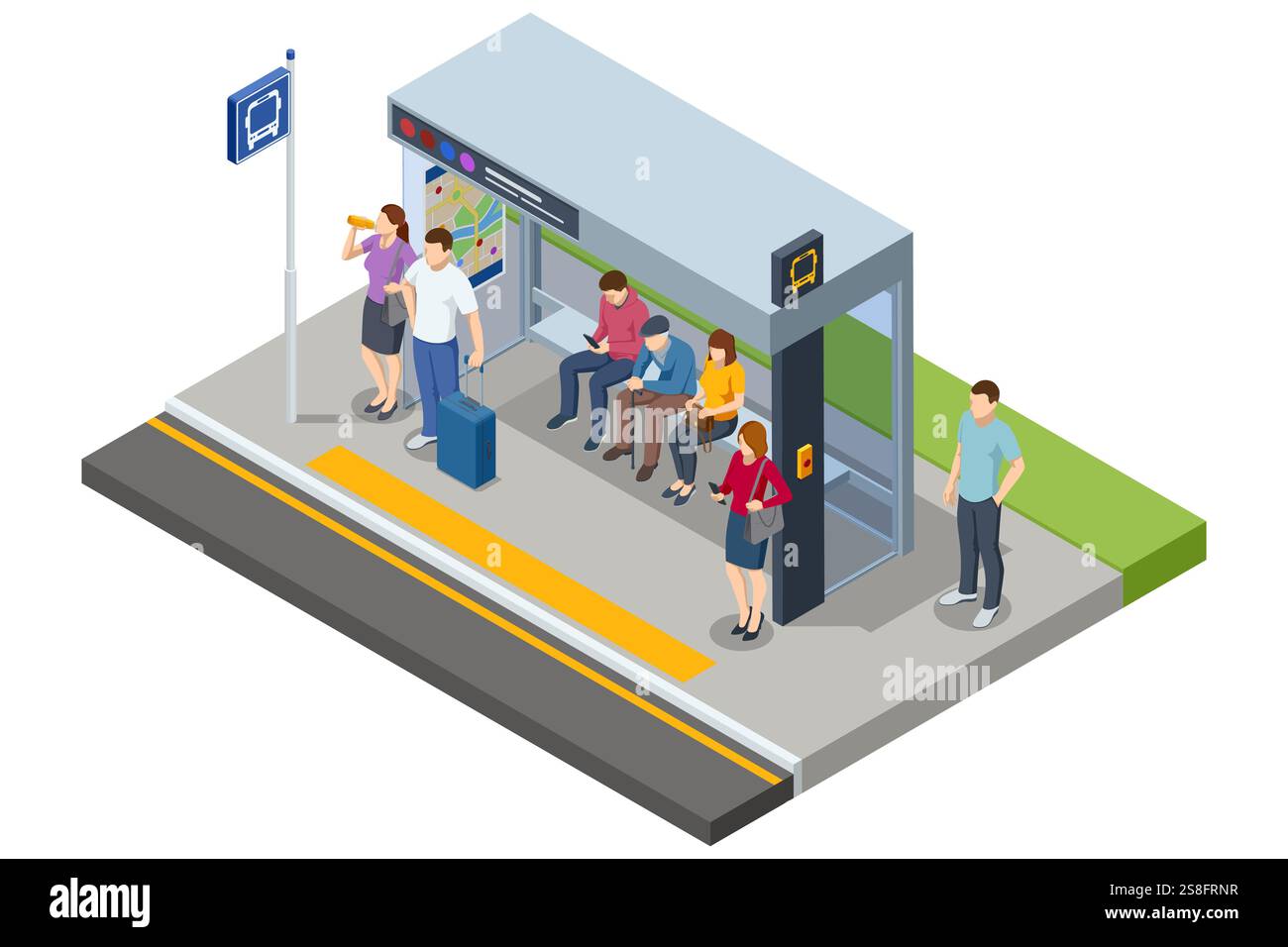 A detailed isometric vector image of a public bus stop. Includes people ...
