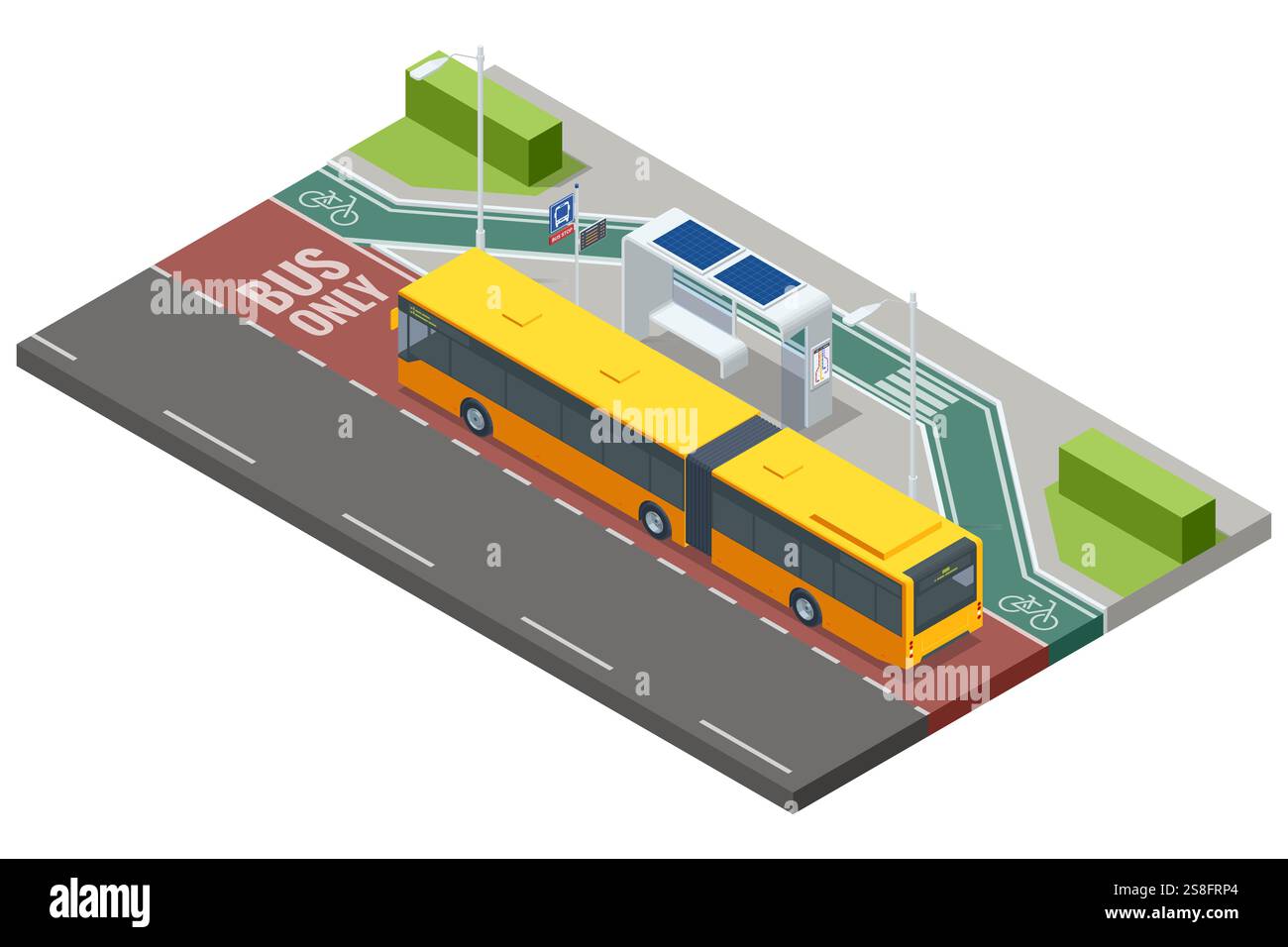 Isometric vector illustration of a bus stop with a yellow articulated ...