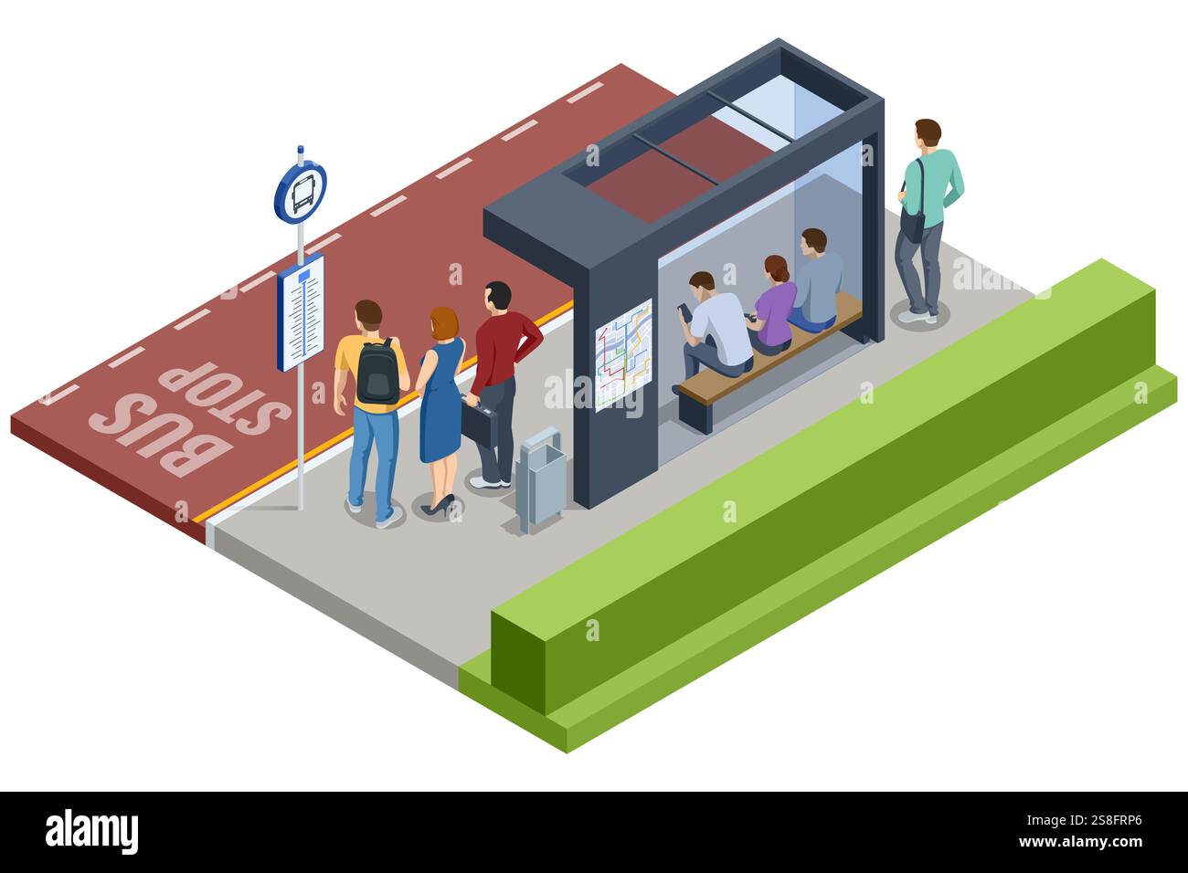 Isometric vector showing a high-tech bus stop with interactive ticket ...