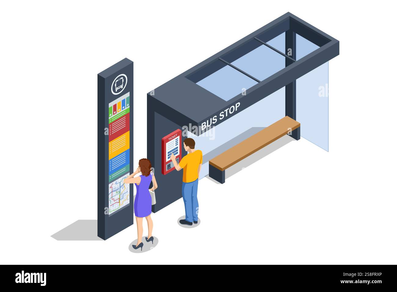 Isometric vector showing a high-tech bus stop with interactive ticket vending machines and a ...