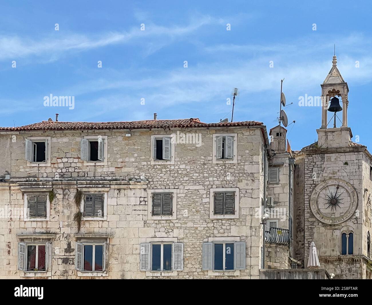 Split, Croatia - July 1, 2024: Historic downtown. Tower of Cyprian ...