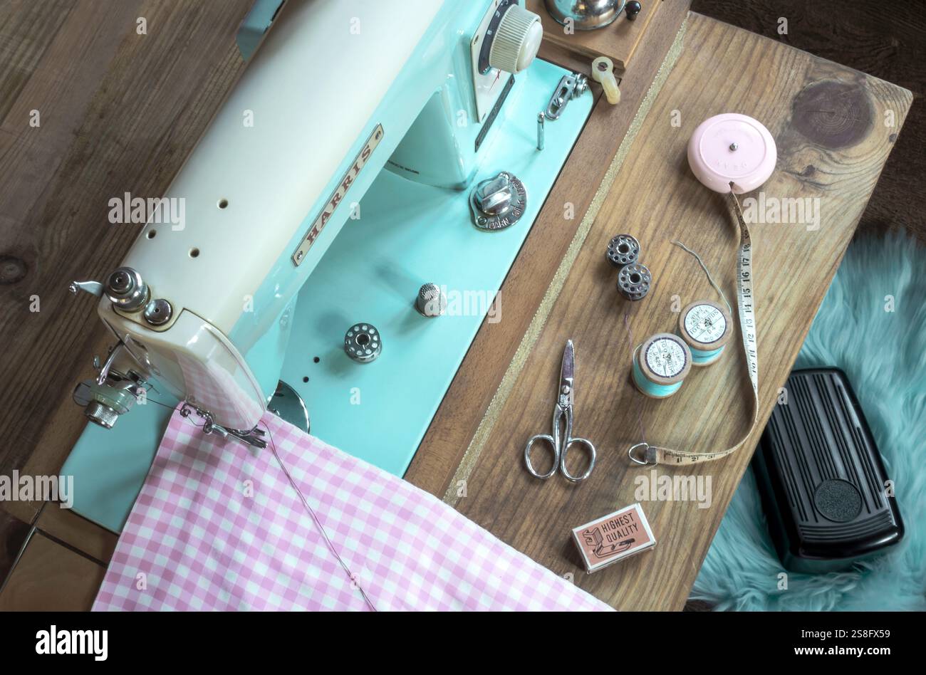 Pale blue vintage sewing machine viewed from above Stock Photo - Alamy