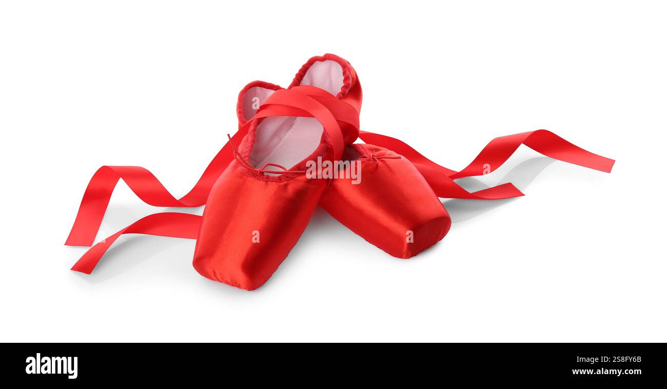 Pair of beautiful red pointe shoes isolated on white Stock Photo - Alamy