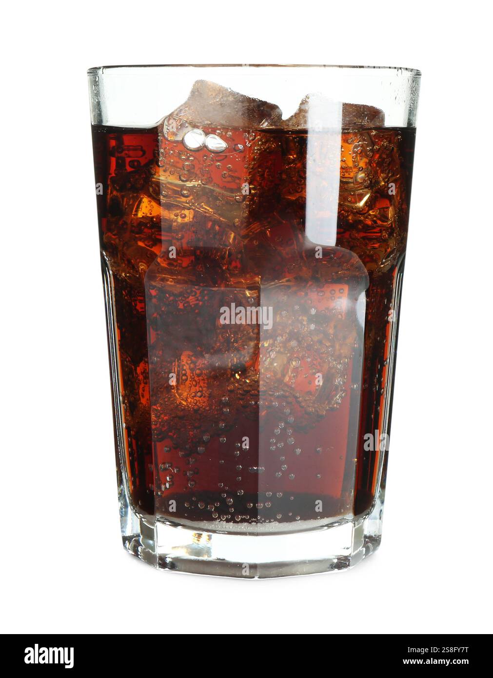 Glass of refreshing sweet soda water with ice cubes isolated on white ...