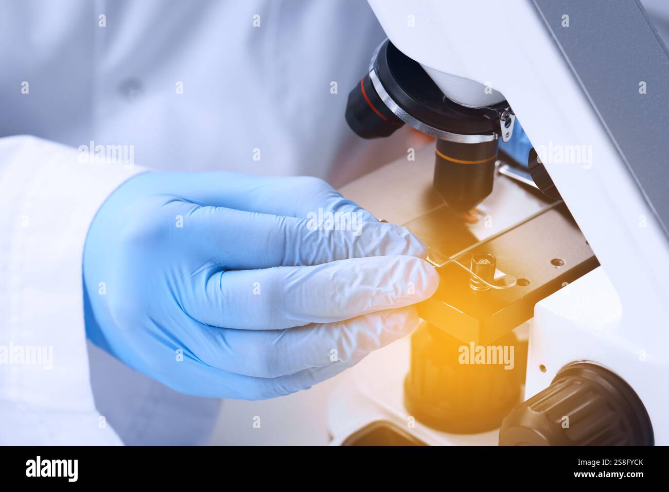 Scientist examining sample on slide under microscope, closeup Stock Photo - Alamy