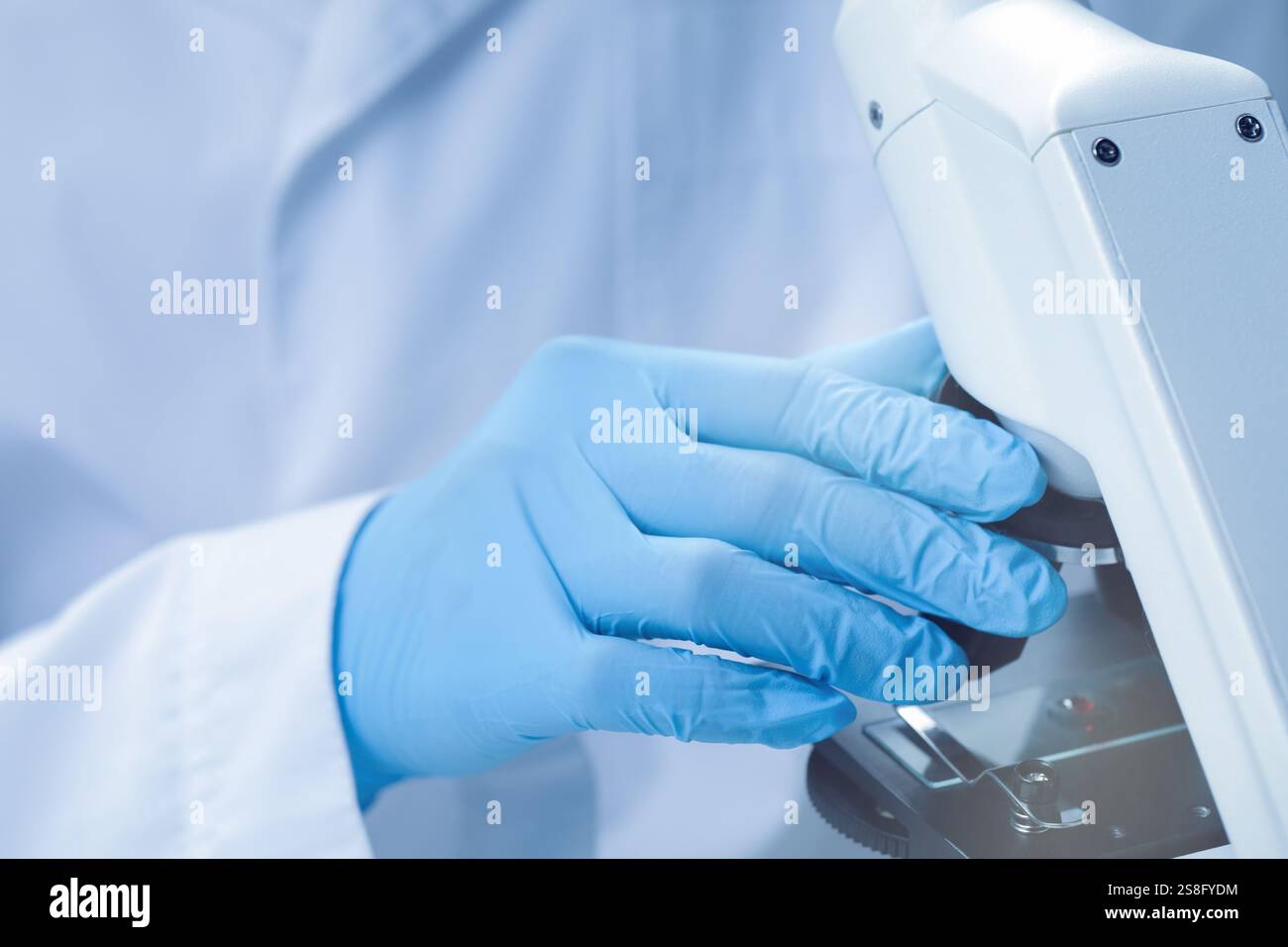 Scientist examining sample on slide under microscope, closeup Stock ...
