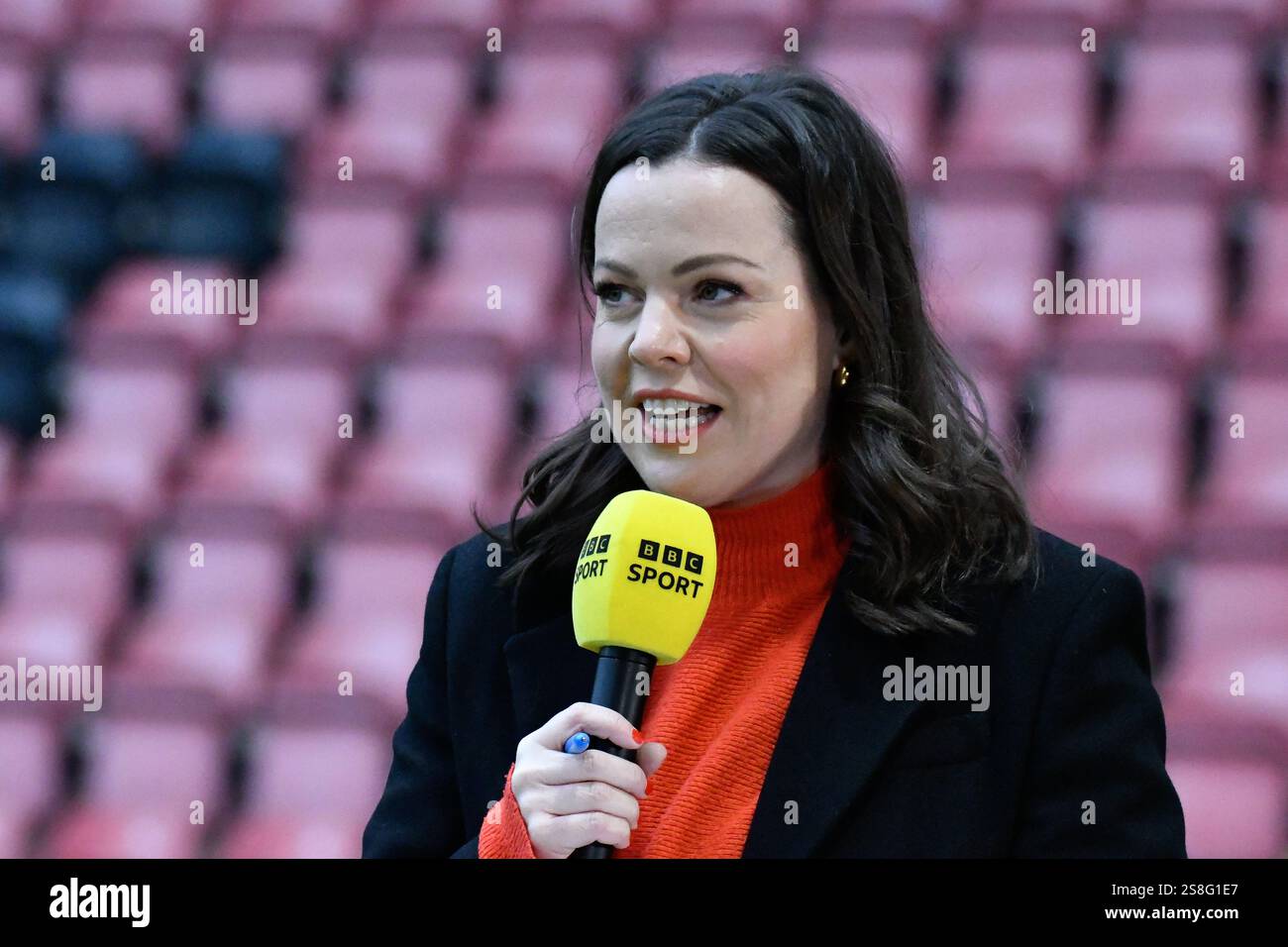 London, England. 19 January 2025. BBC Sports presenter Sarah Mulkerrins ...