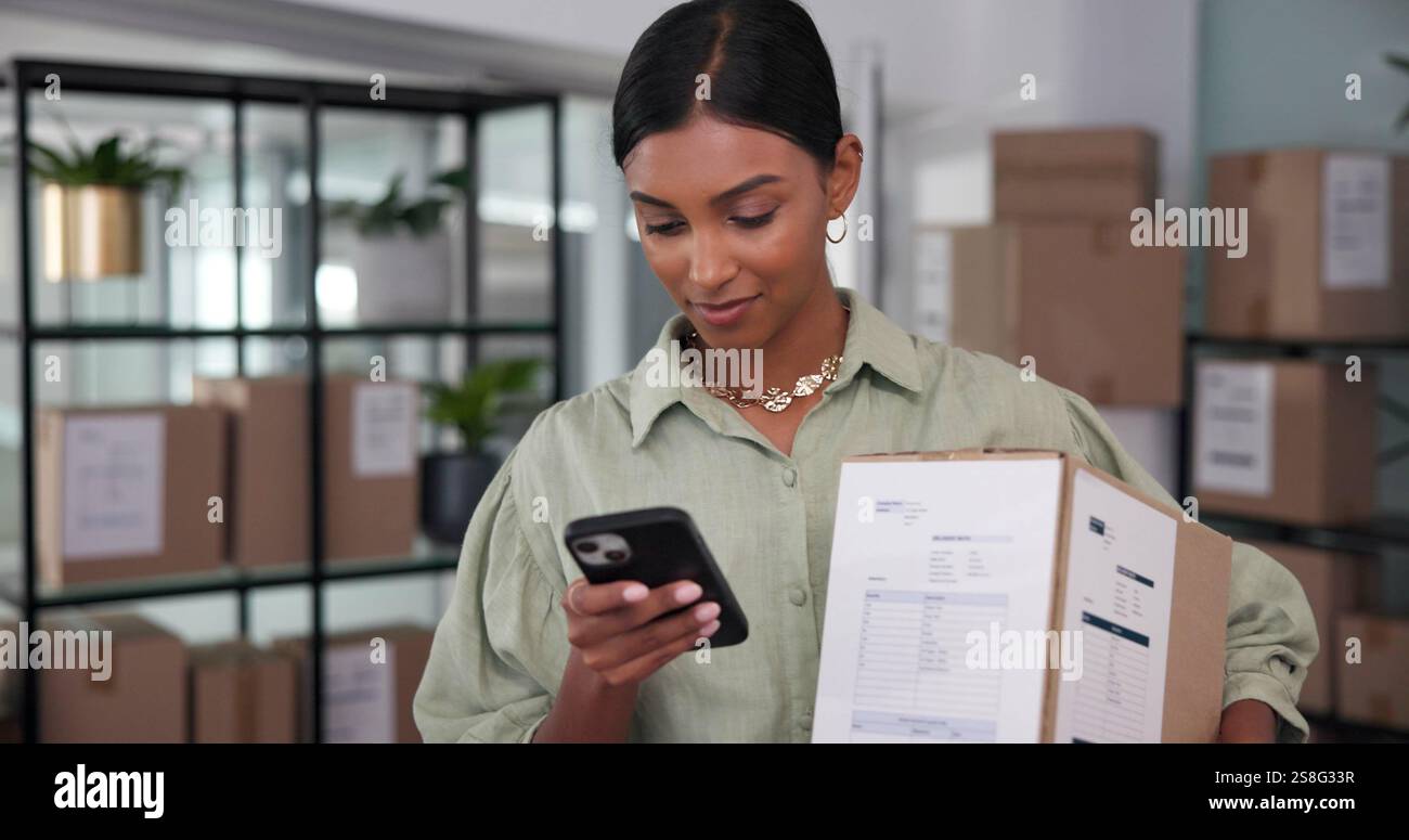 Phone, box and woman in office for distribution information with ...
