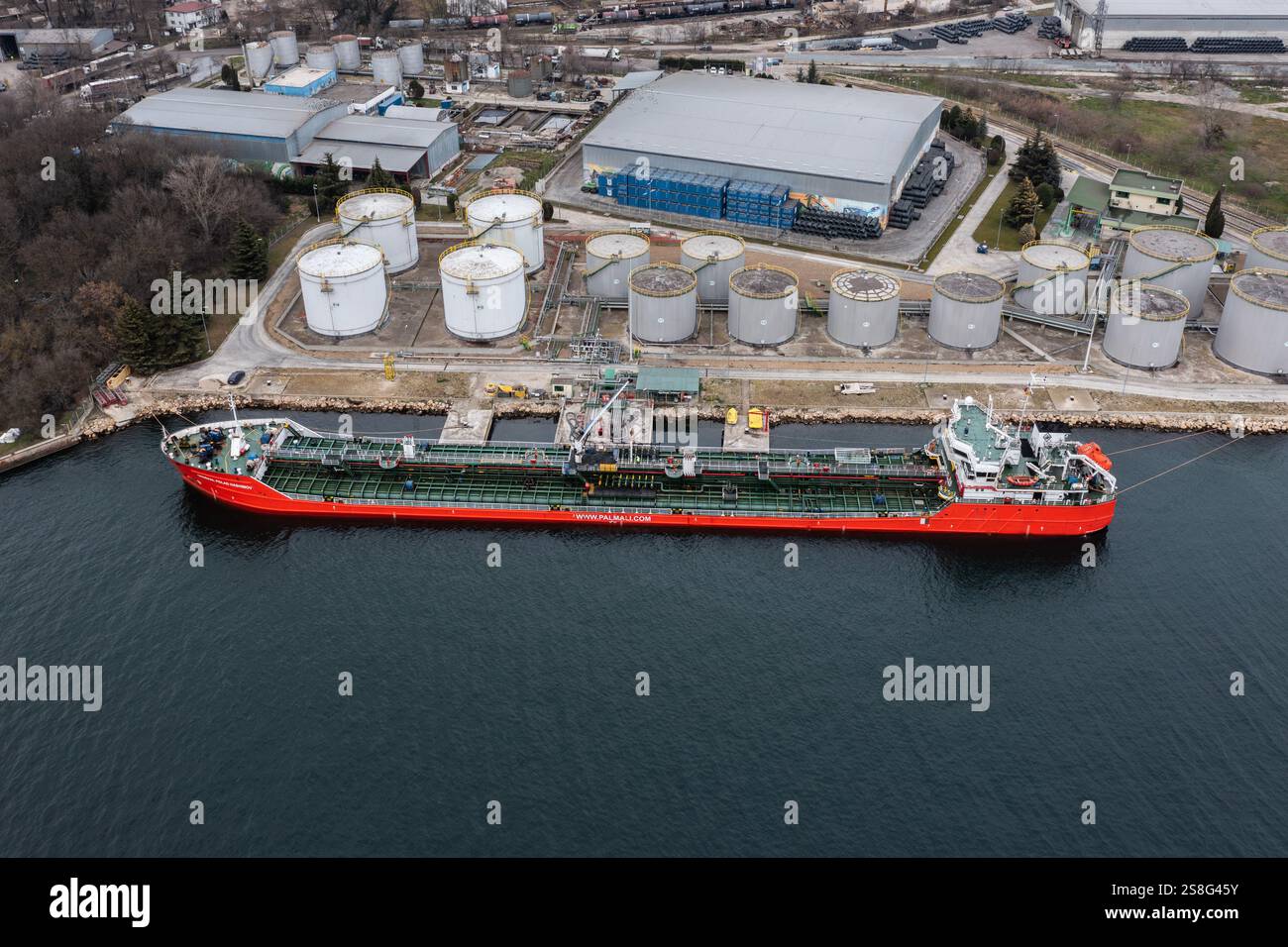 Aerial view of a cargo ship on port of Varna, Bulgaria. Logistics and ...