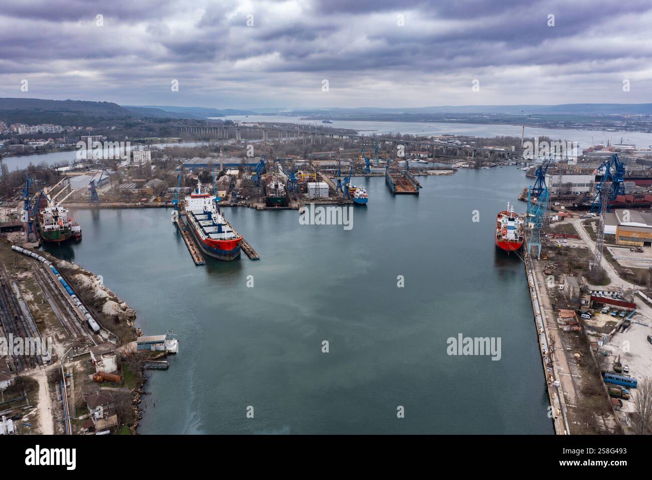 Aerial view of a cargo ship on port of Varna, Bulgaria. Logistics and ...