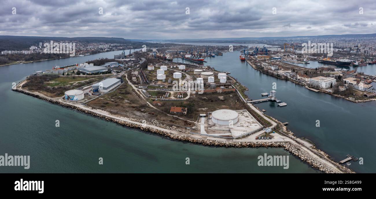 Aerial view of a cargo ship on port of Varna, Bulgaria. Logistics and ...