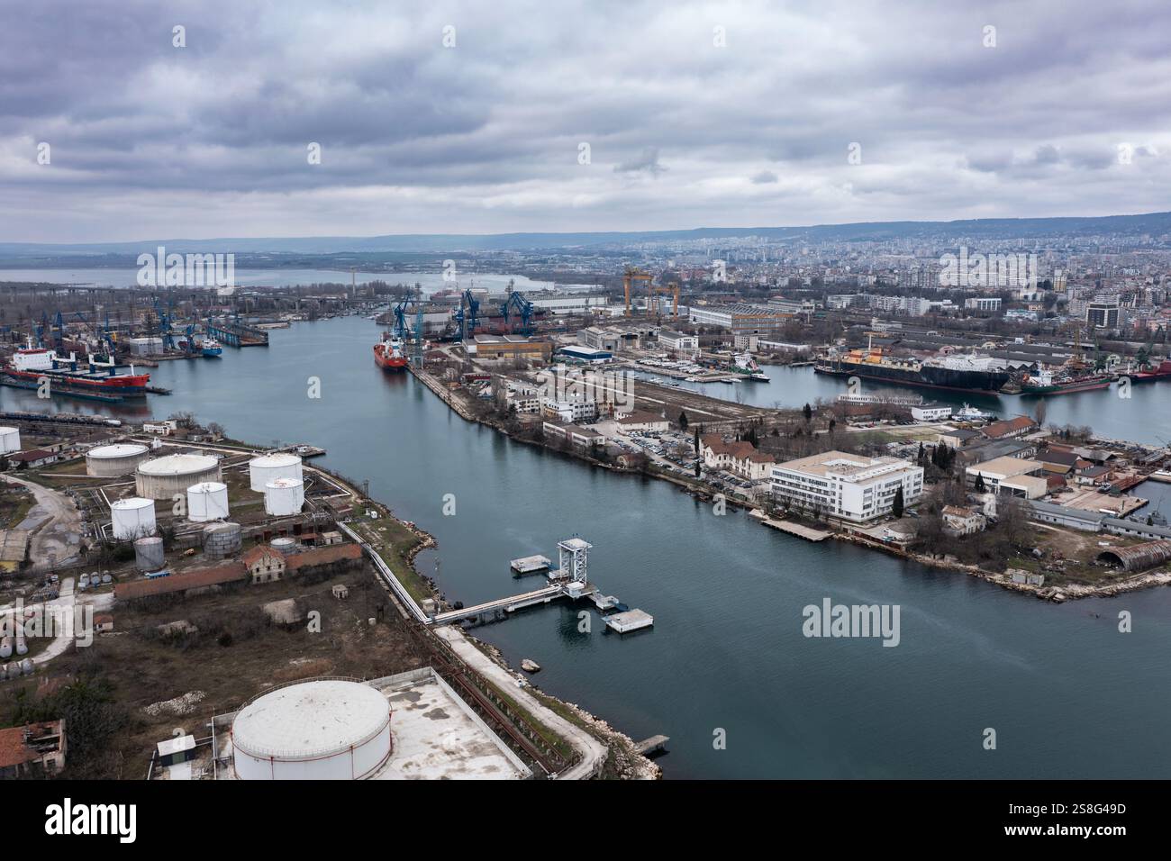 Aerial view of a cargo ship on port of Varna, Bulgaria. Logistics and ...