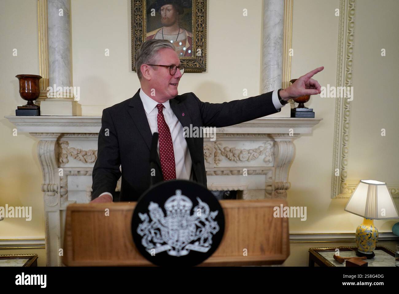 Britain's Prime Minister Keir Starmer gestures speaks as he hosts a ...