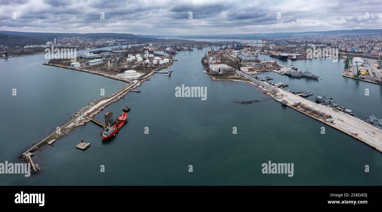 Aerial view of a cargo ship on port of Varna, Bulgaria. Logistics and ...