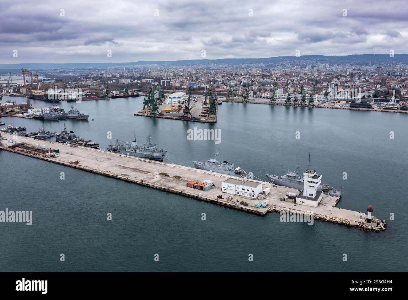 Aerial view of a cargo ship on port of Varna, Bulgaria. Logistics and ...