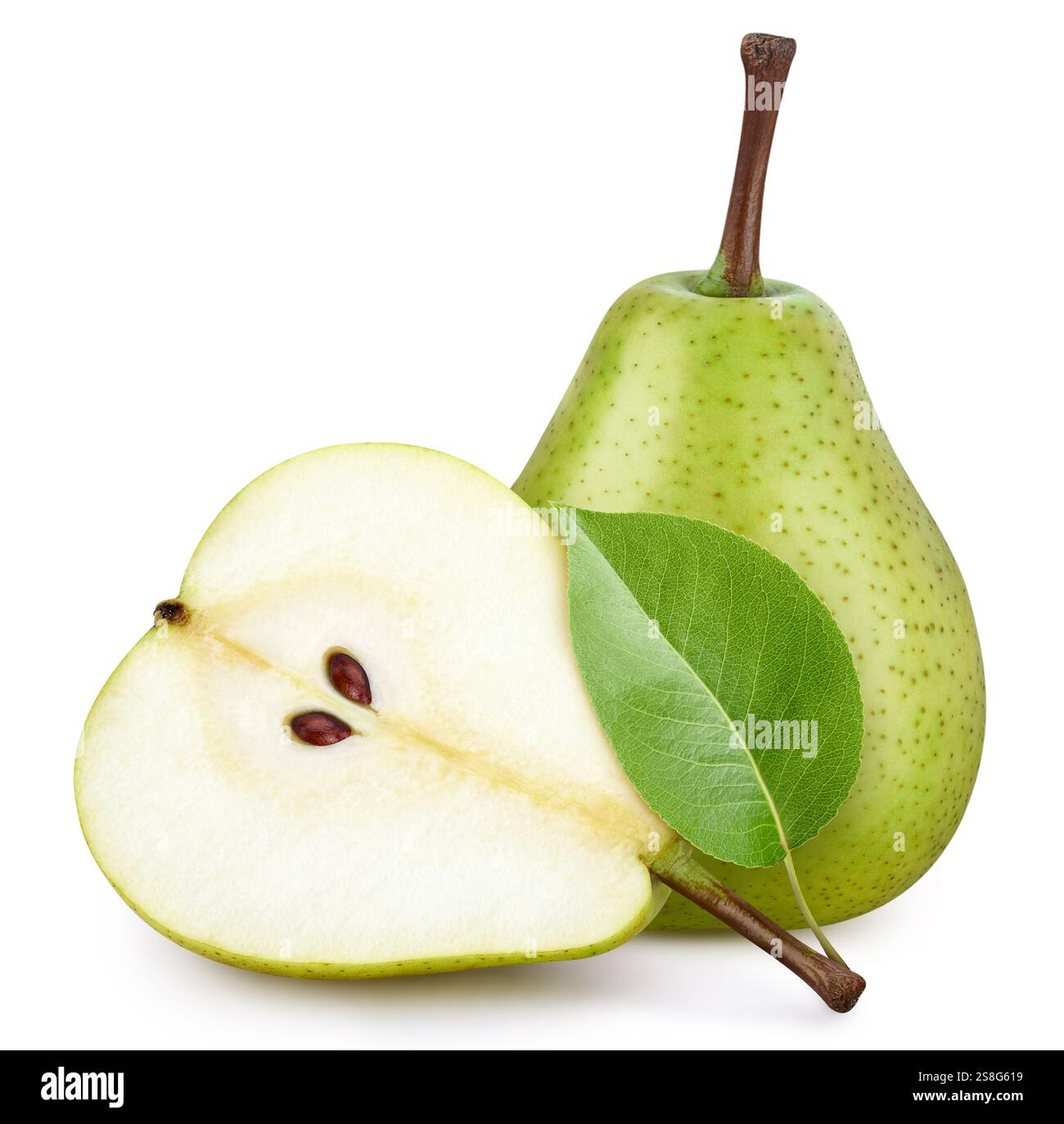 Pear fruit with pear leaf isolated on white background. Pear clipping ...