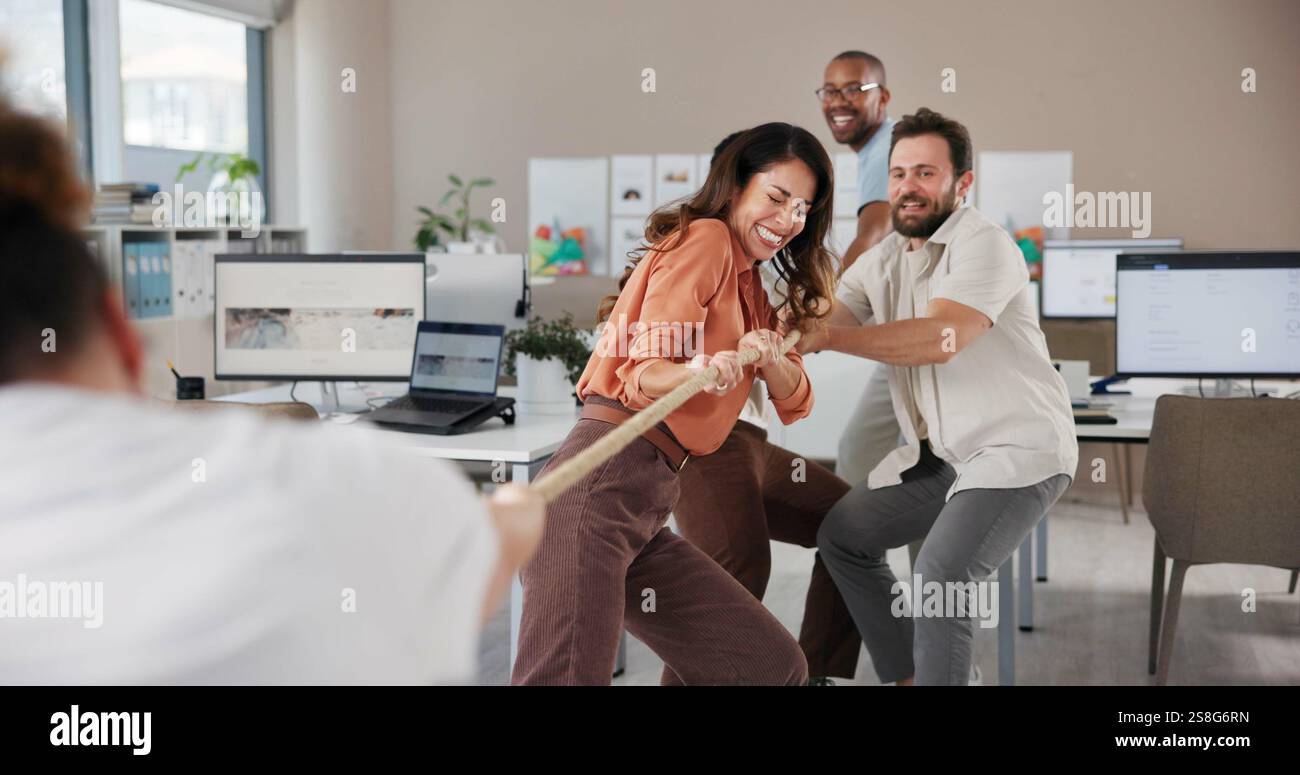 Business people, teamwork and game with rope in office, physical ...