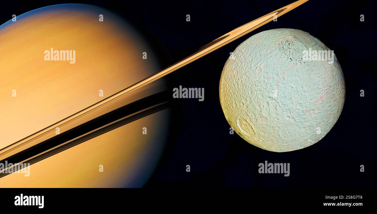 Tethys is one of many moons of the planet Saturn and is small and rocky ...
