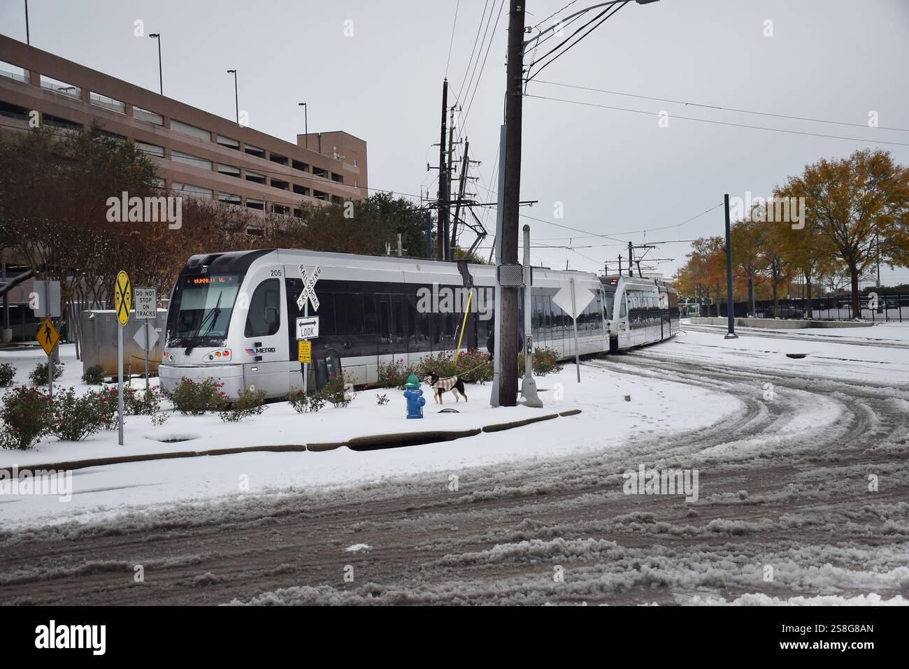 Snow covered area around Houston light rail caused by snow storm Stock ...