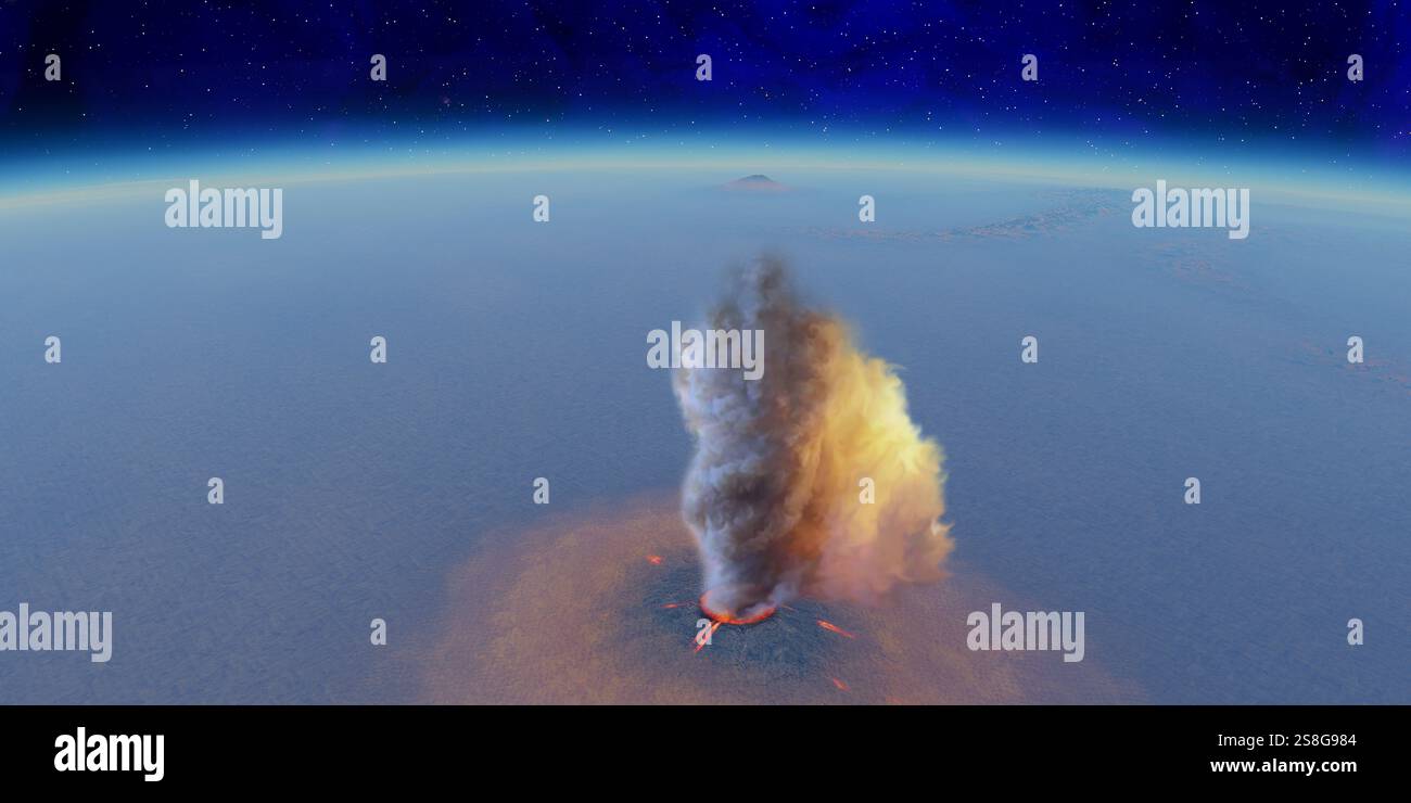 A volcano erupts with towering smoke on an exoplanet out in space Stock ...