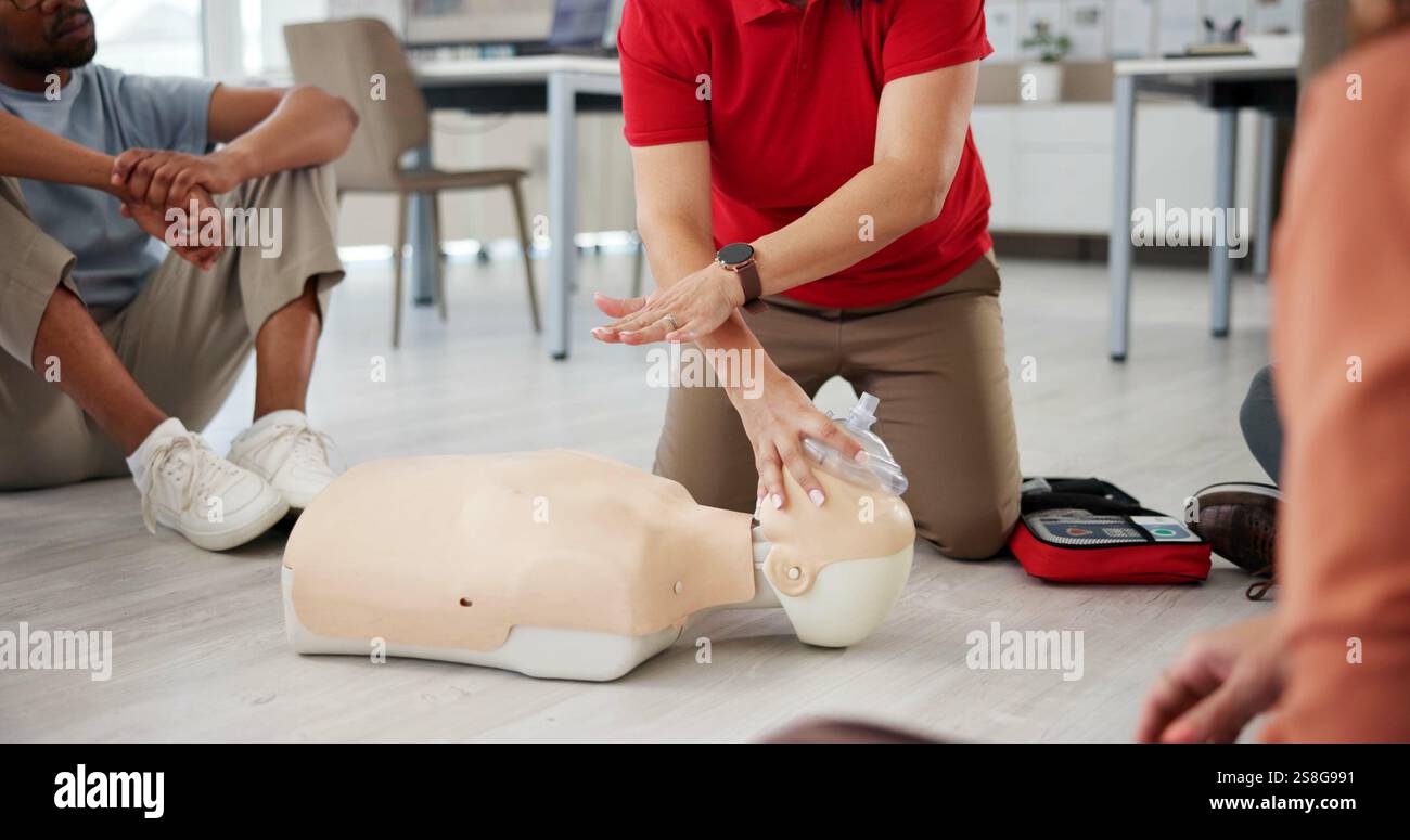 First aid, training and hands in office with dummy for safety compliance, healthcare or ...