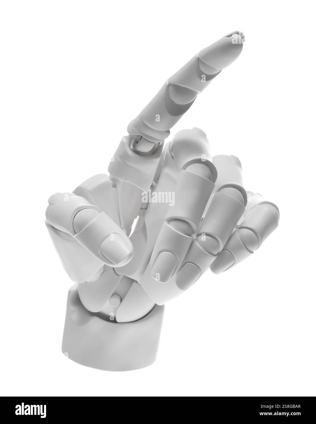 Artificial intelligence. Robot hand pointing at something on white ...