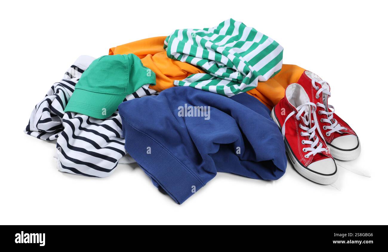 Pile of different used clothes isolated on white Stock Photo - Alamy