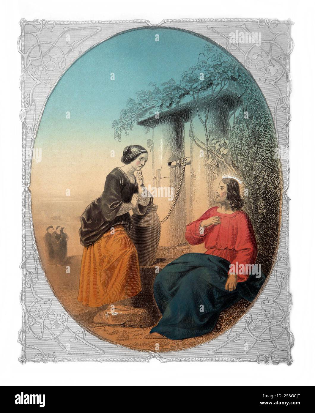 Hand Tinted Illustration of Jesus Christ and the Woman of Samaria from ...