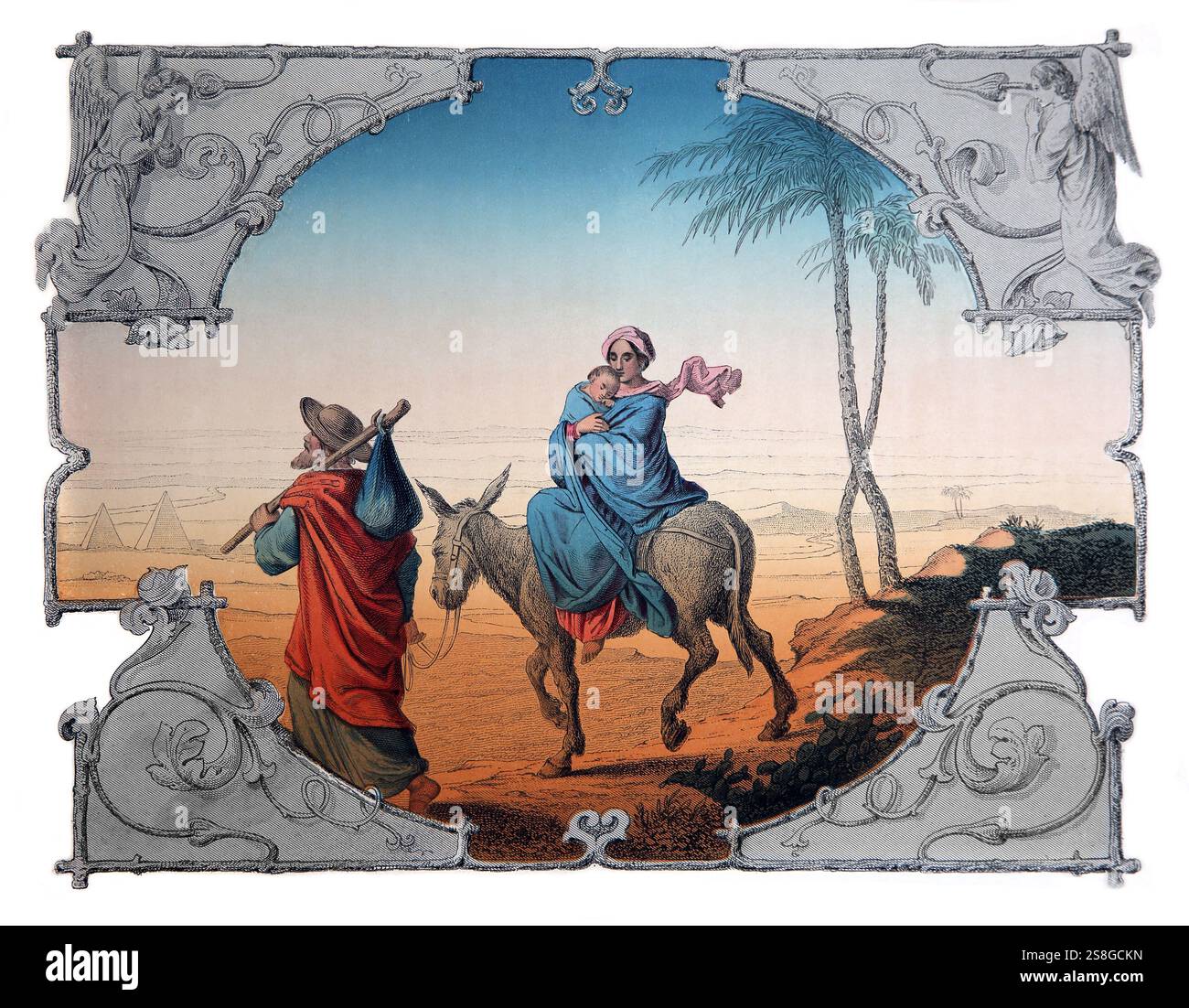 Hand Tinted Illustration of The Flight into Egypt from 1850 Edition of ...