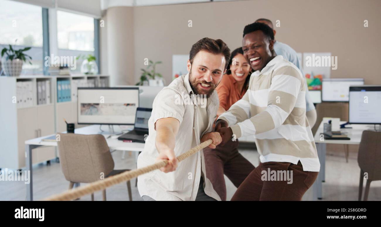 Business people, teamwork and challenge with rope in office, physical ...
