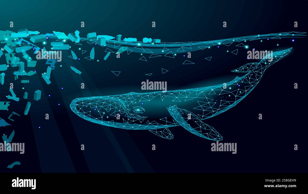Low poly 3D whale plastic ocean pollution swimming undersea. Water surface dark night glowing ...