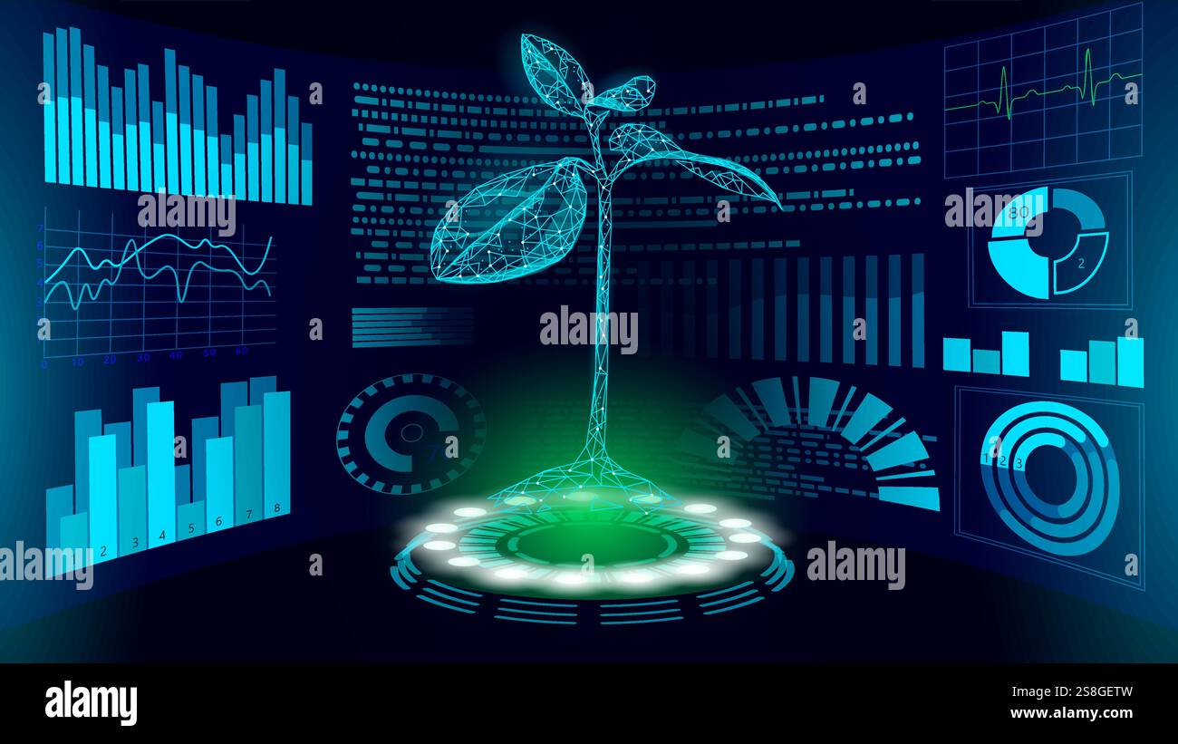 3D low poly green plant HUD UI display. Future polygonal triangle point ...