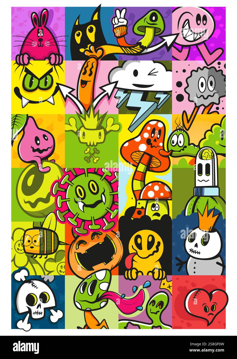 This artwork features a collage of whimsical cartoon characters ...