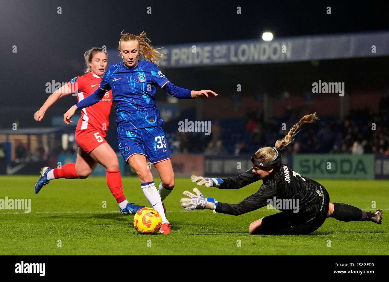 Durham goalkeeper Tatiana Saunders saves at the feet of Chelsea's Aggie ...