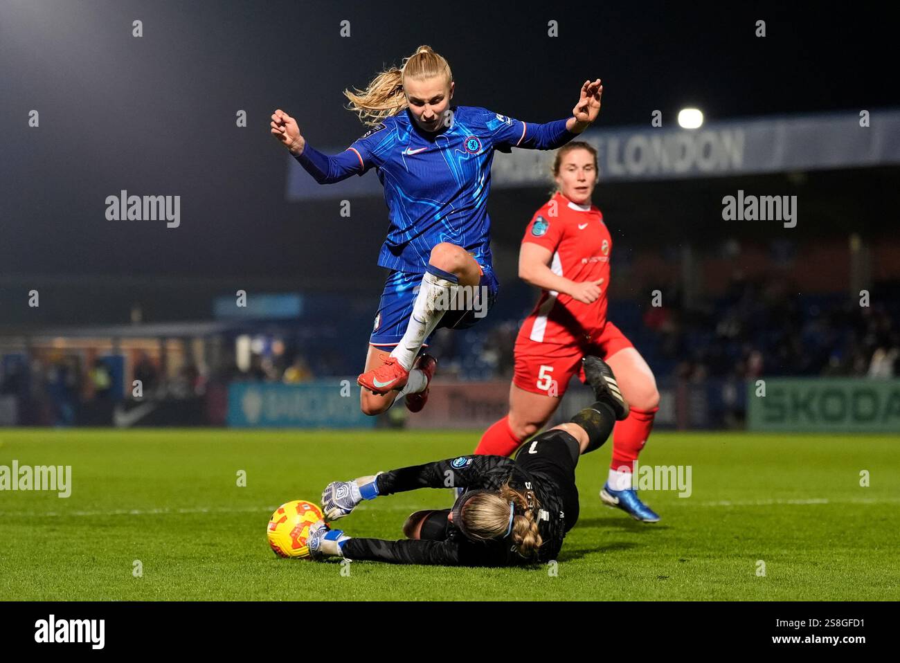 Durham goalkeeper Tatiana Saunders saves at the feet of Chelsea's Aggie ...