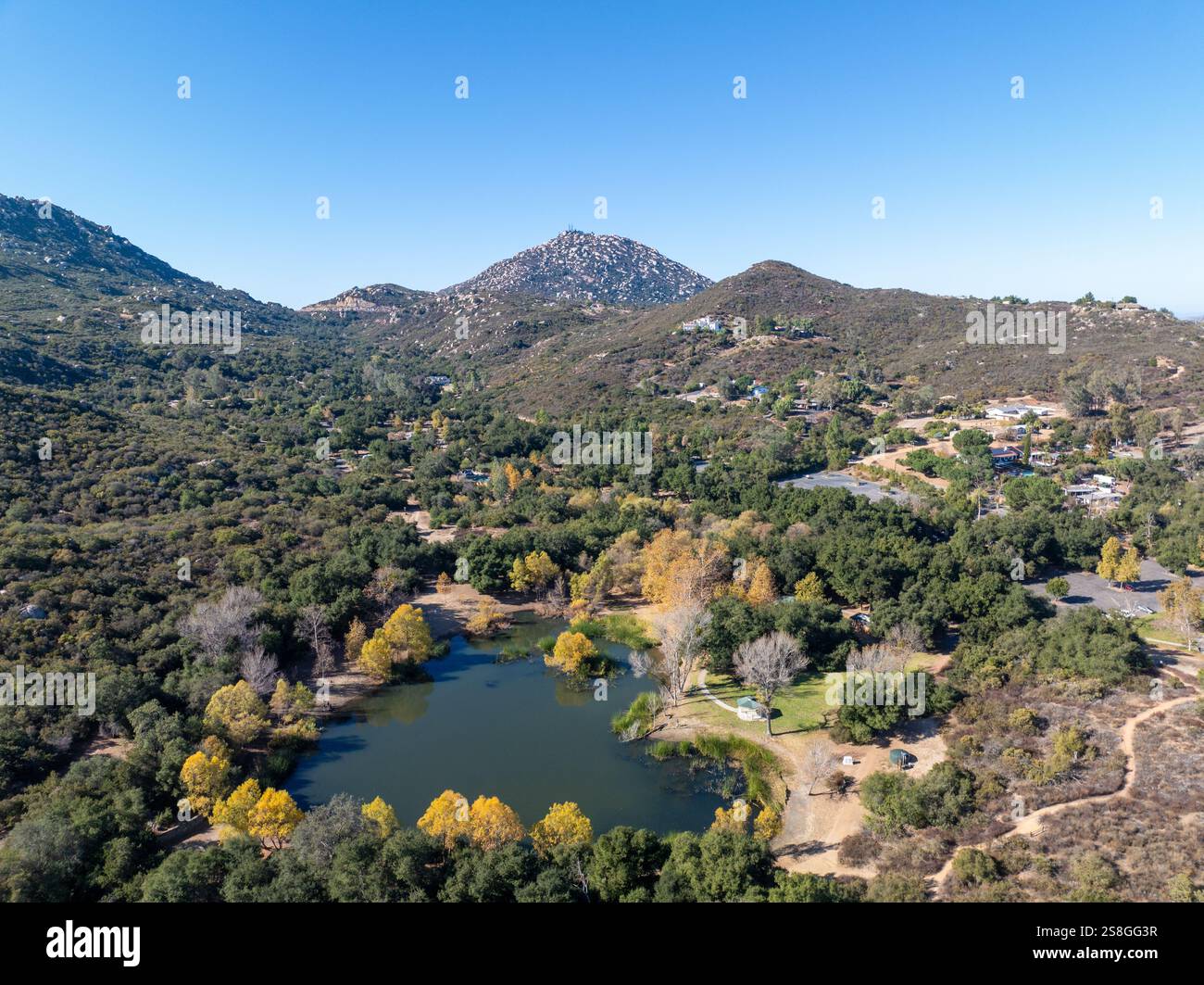 Aerial view of small lake in the in the valley of Dos Picos County Park ...