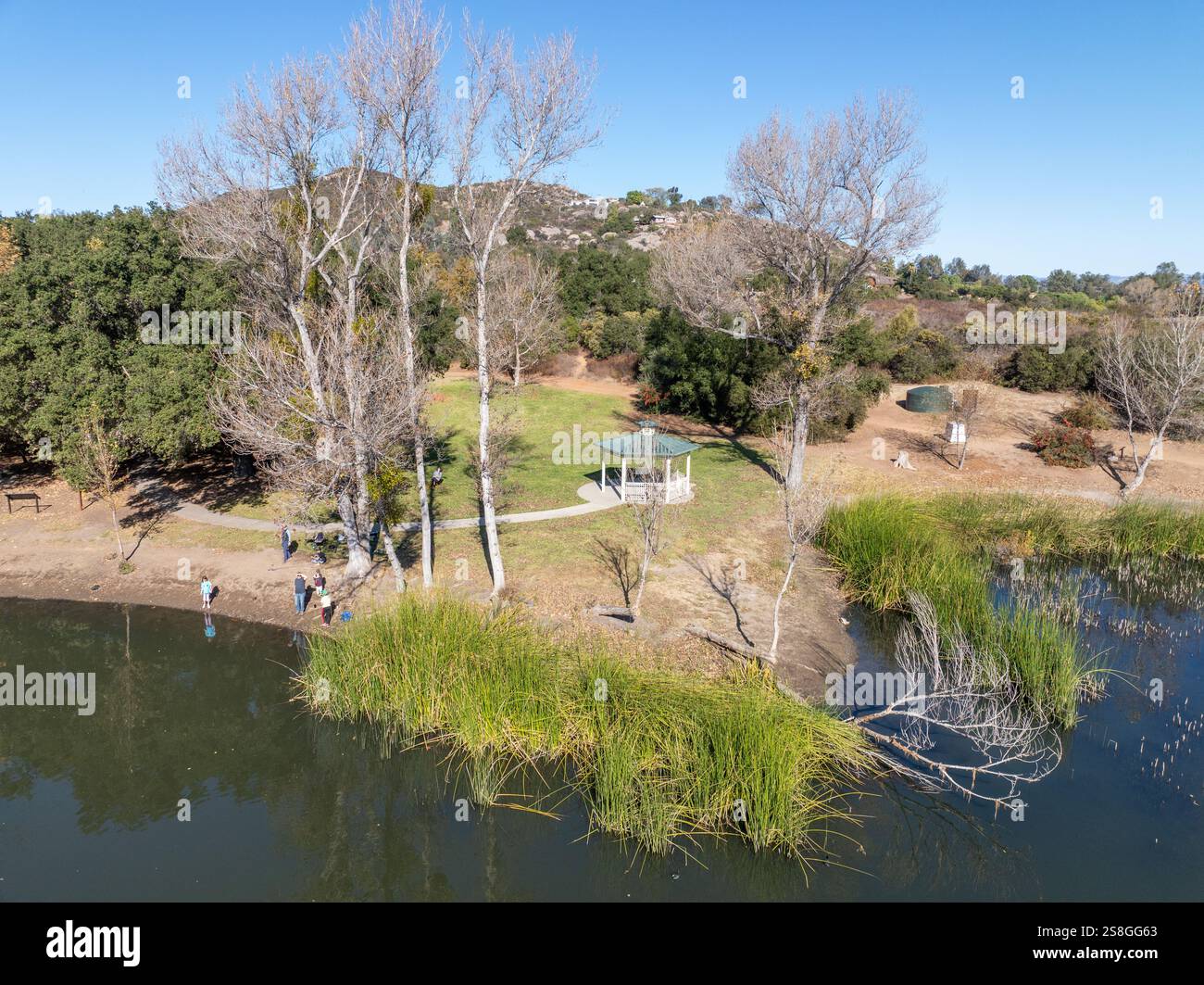 Aerial view of small lake in the in the valley of Dos Picos County Park ...