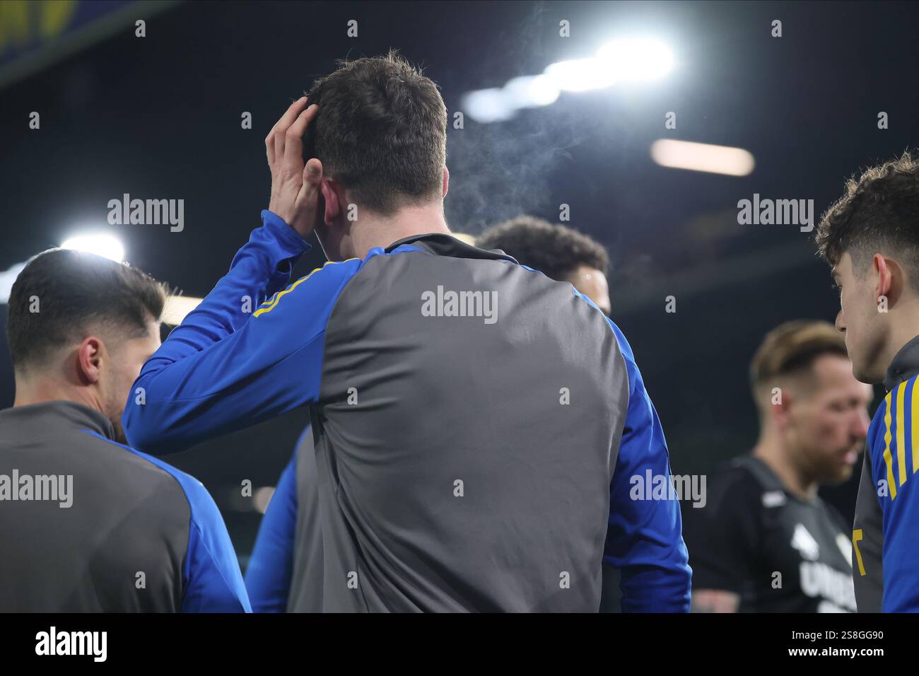 Sam Byram (Leeds United) steams in the cold conditions before the Sky ...