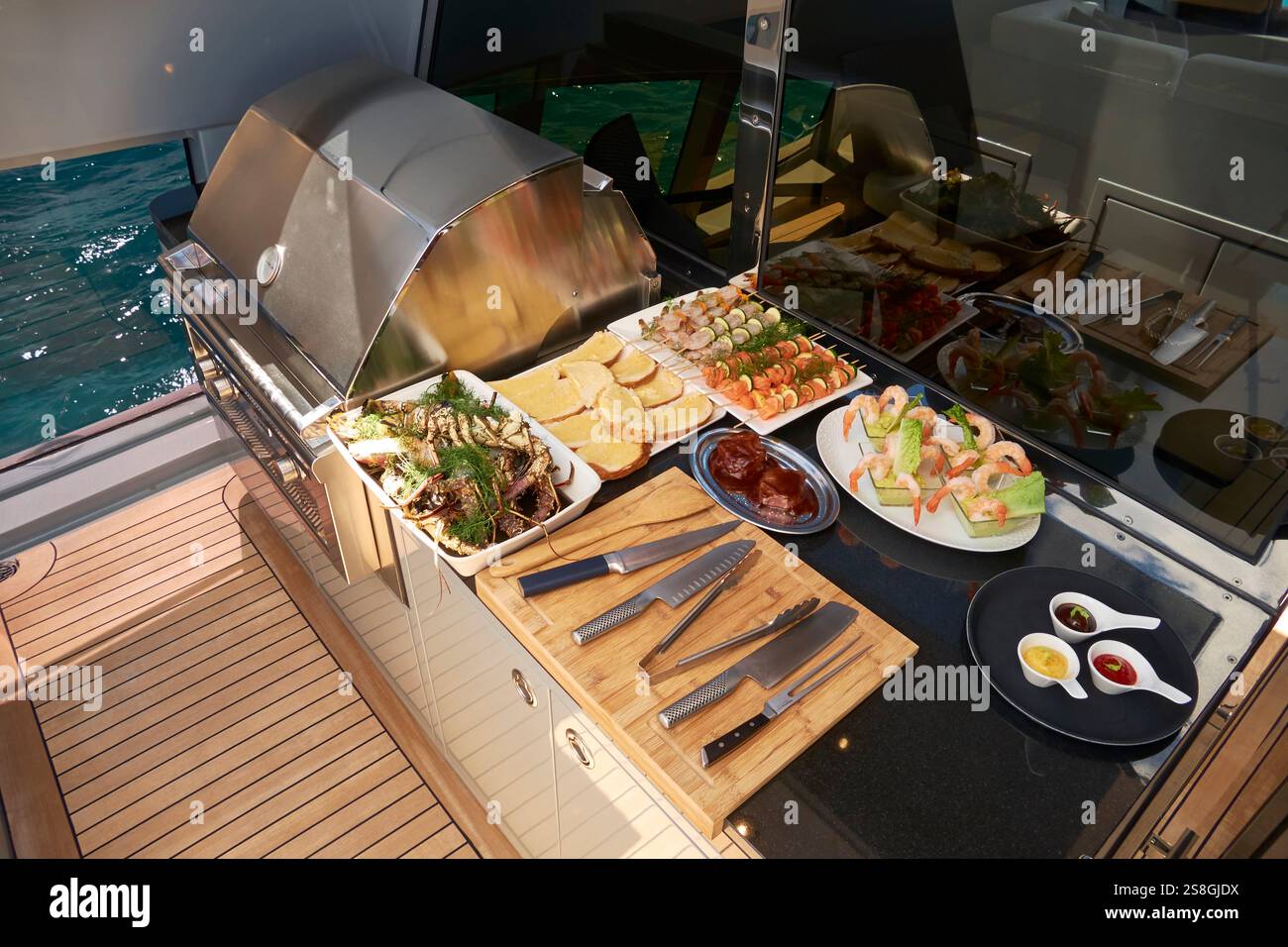 Outdoor Gourmet Barbecue With Fresh Seafood and Grilled Appetizers on a ...