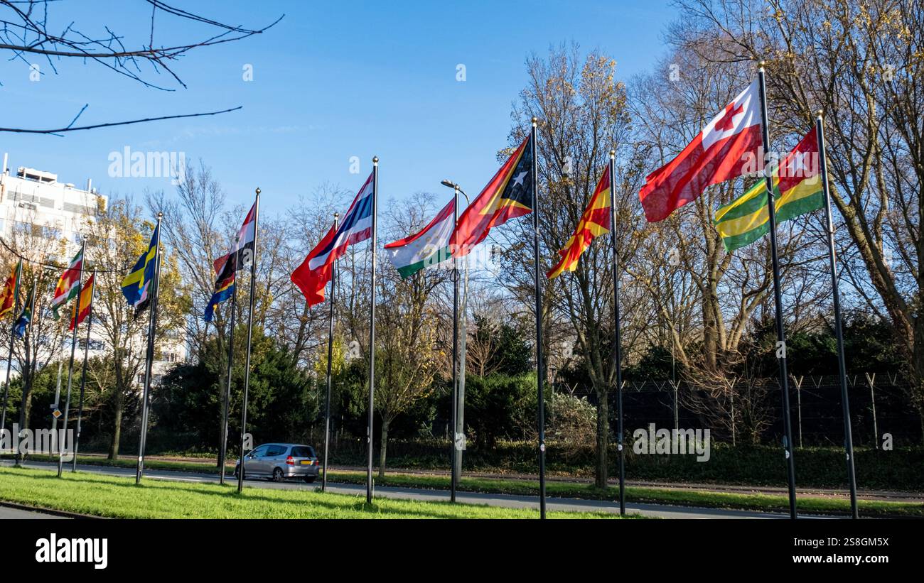 Alley or a street with many flags of different countries. Parade of ...