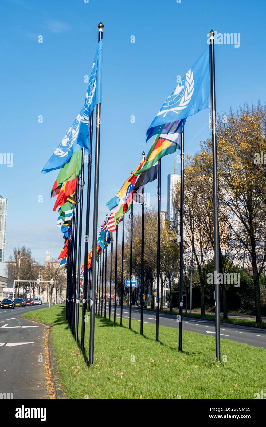 Alley or a street with many flags of different countries. Parade of ...
